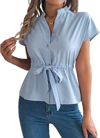 Women's Blouse Short Sleeve Button Down with Waist Belt Stand-Up Collar ...