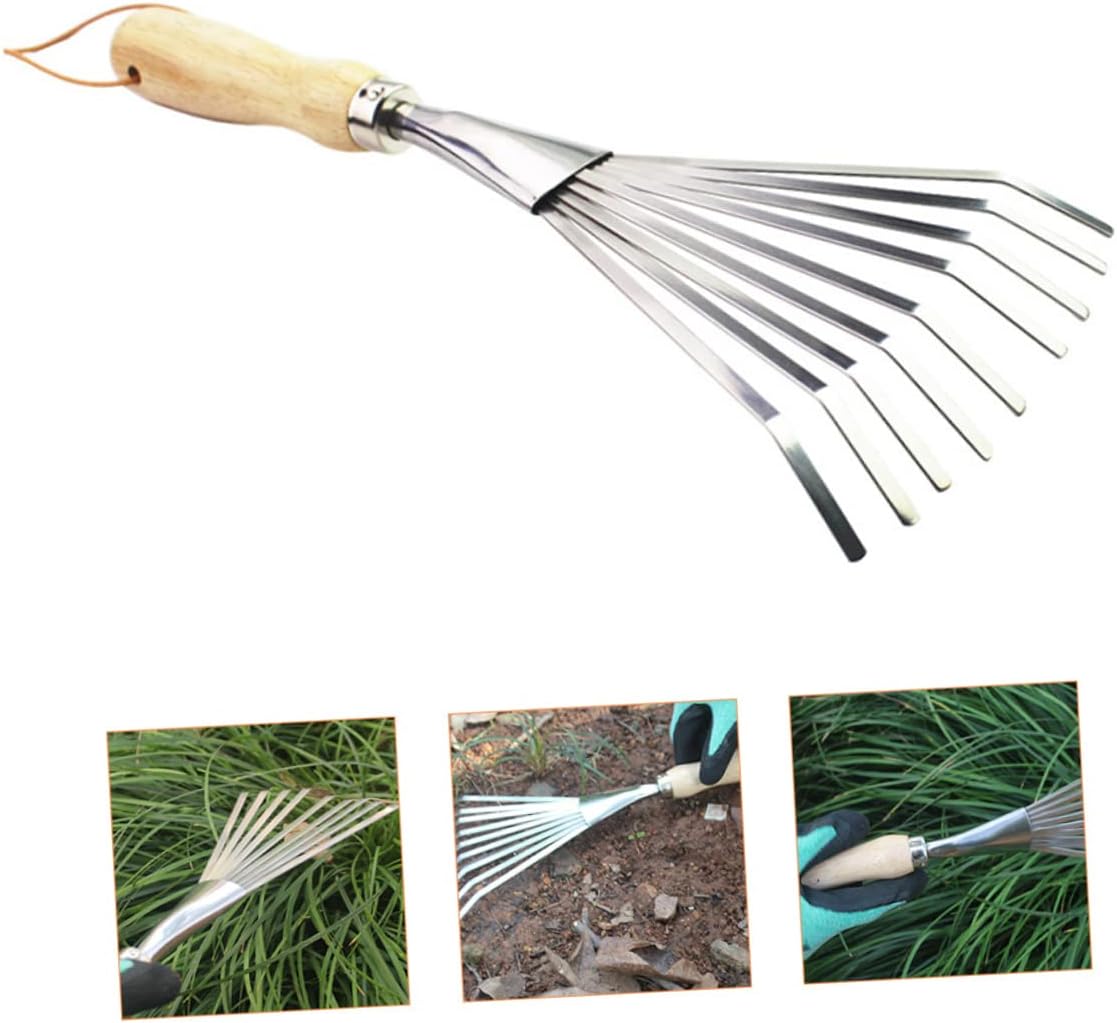 GANAZONO Nine-Tooth Rake with Wooden Handle Garden Rake Tools Grass ...