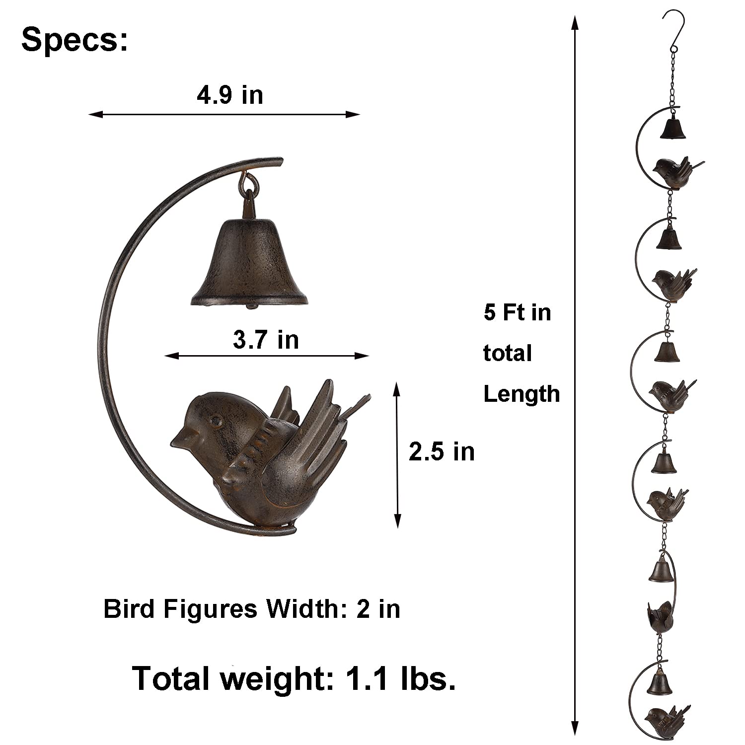 Snapklik.com : Jemeni 5 Ft Length Metal Bird & Bell Rain Chain For Gutters