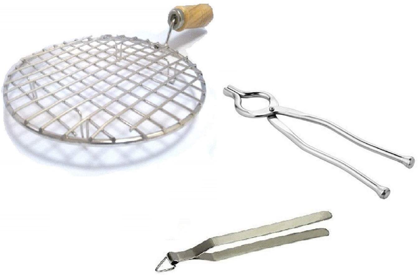 Buy Nexxa Steel Roasting Jali Wooden Handle with Tong and Pincer Set ...