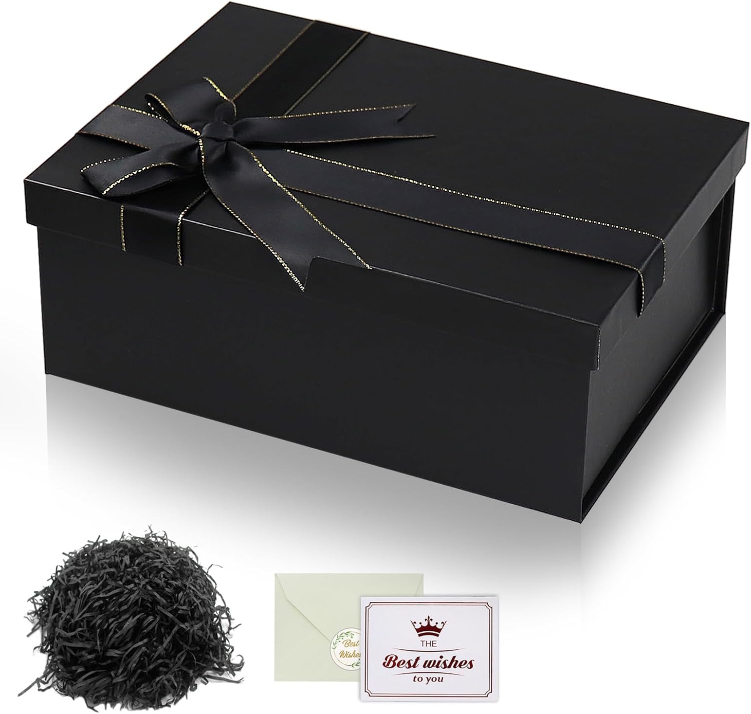 Black Gift Box, Luxury Gift Box with Lid Ribbon Greeting Card Shred ...