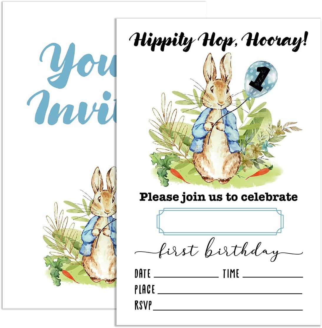 Amazon.com : UDNADKEX First Birthday Invitations for Boy Rabbit with ...