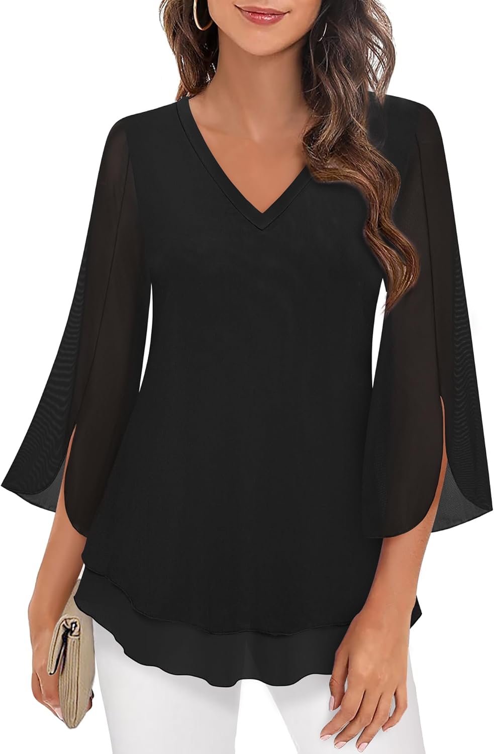 Timeson Women's 3/4 Sleeve Floral Blouses Shirts Double Layers V Neck ...