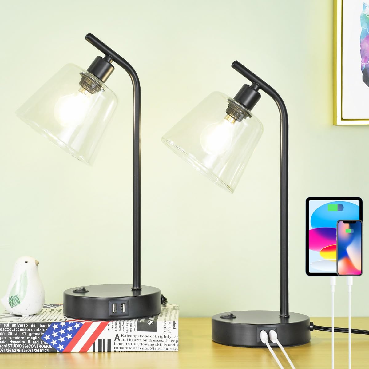 LAMPWELL LUCIA Industrial Table Lamp with USB Port Set of 2,Black Glass ...