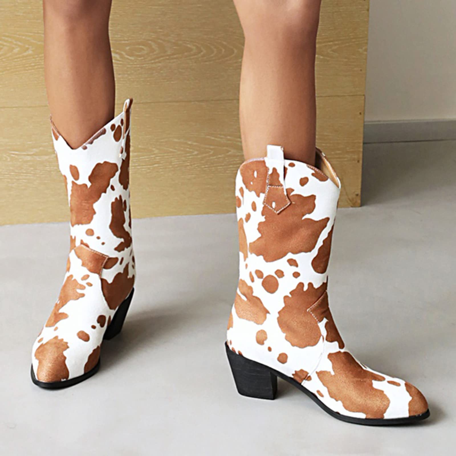 Snapklik.com : Women Cow Print Cowgirl Boots Chunky Heel Half Almond ...