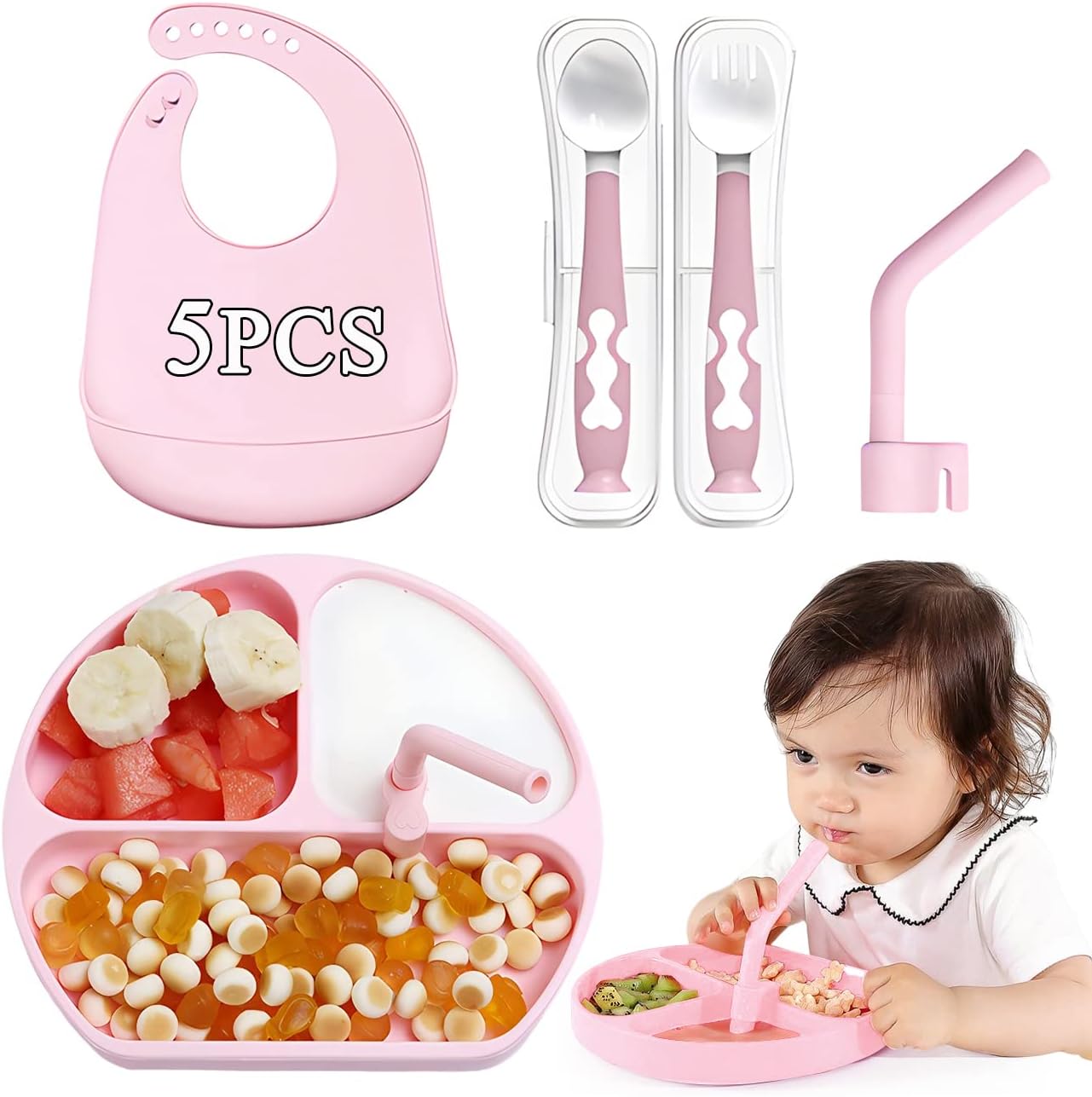 Juego de Vajilla para Bebé de 5 Piezas Vajilla con Babero de Silicona Vajilla de Silicona para ...