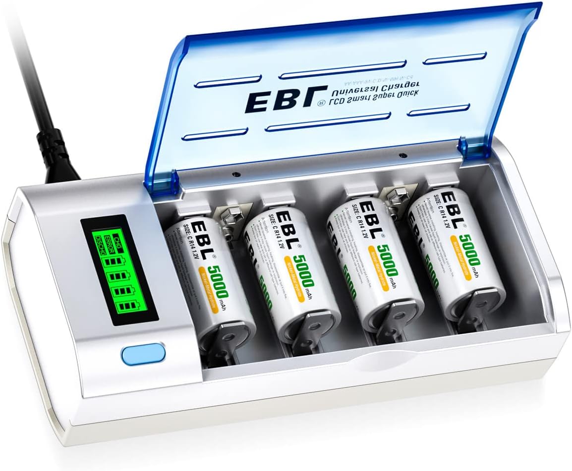 EBL C Cells Rechargeable Batteries 4 Pack with Smart Battery Charger ...