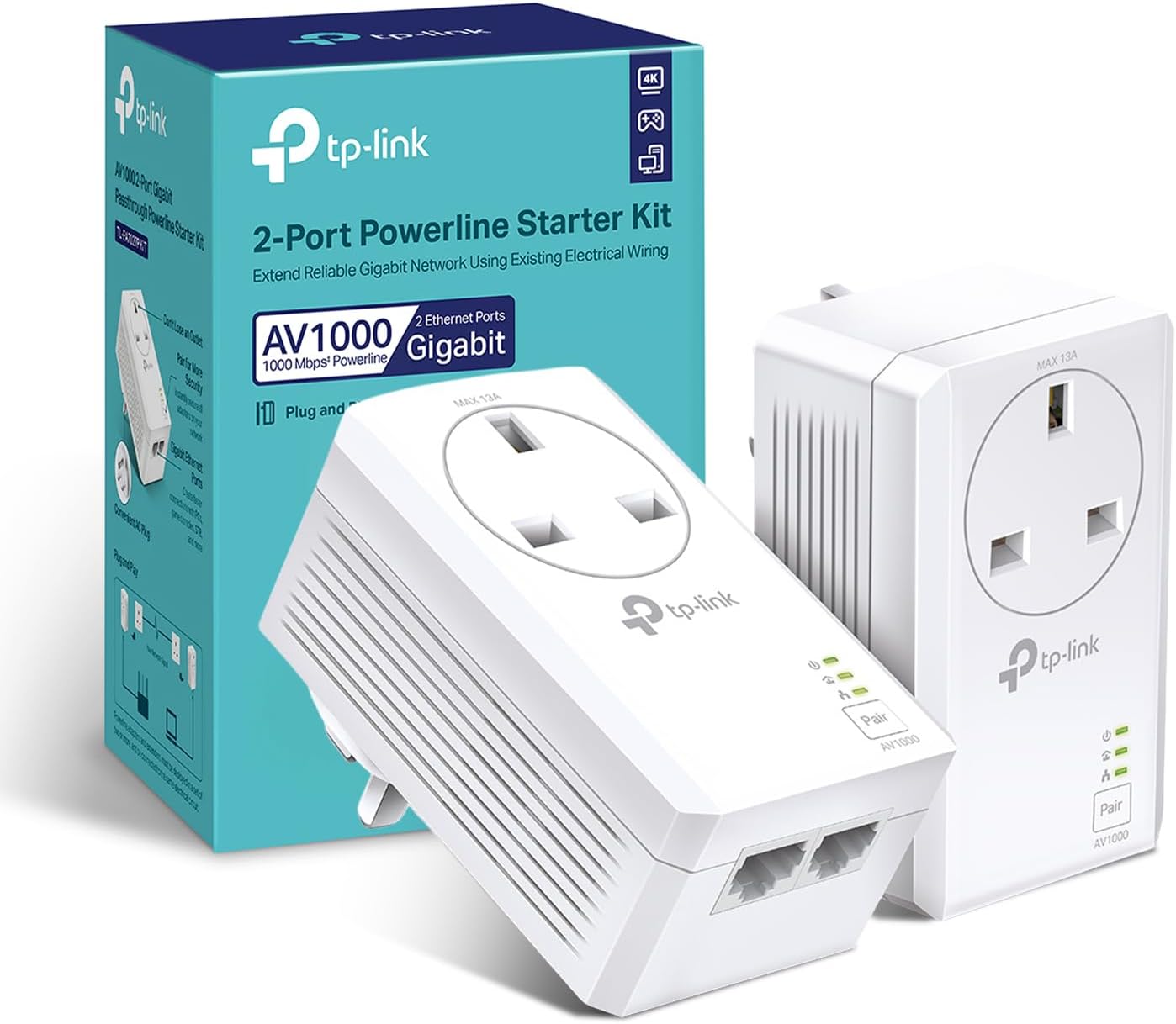 TP-Link TL-PA7027P KIT Passthrough Powerline Adapter Kit, AV1000 2-Port Gigabit, Speed Up To ...