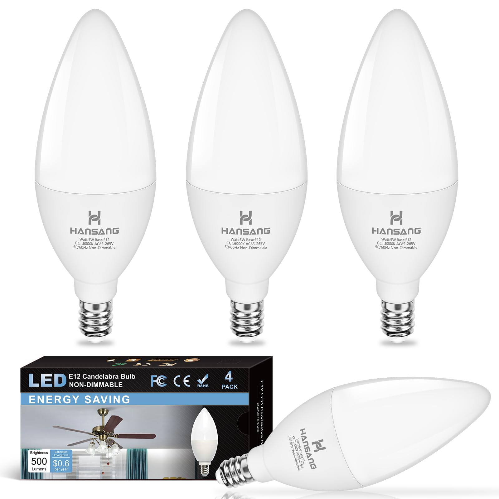 hansang Candelabra LED Bulbs,60 Watt Equivalent,6000K Cool Daylight ...