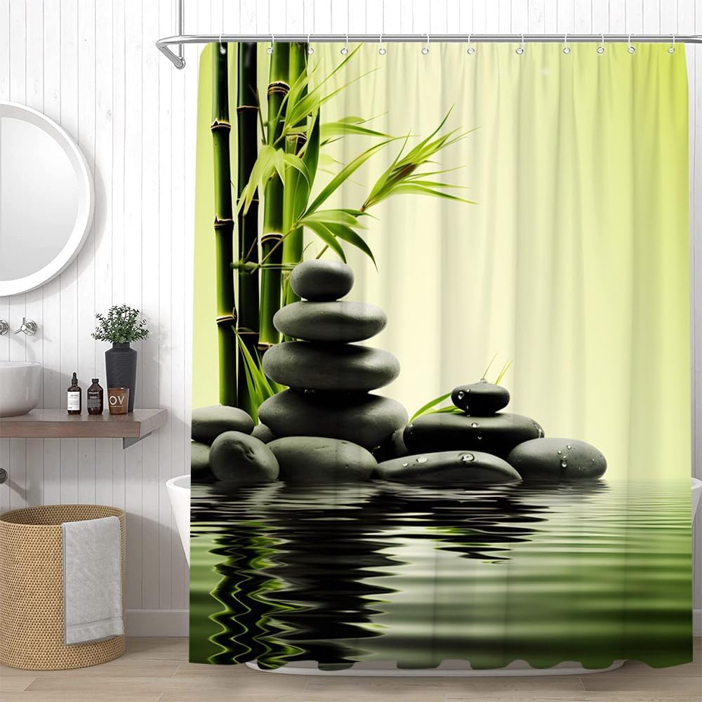 Amazon.com: YSSFAV Zen Stone Shower Curtain Japanese Asian Bamboo Green ...