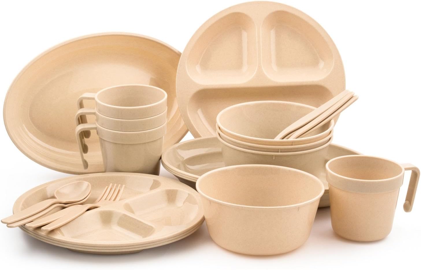 HOMESHOPA Plastic Dinnerware Set, 24 Piece Picnic Camping Dinner Set with Travel Case ...