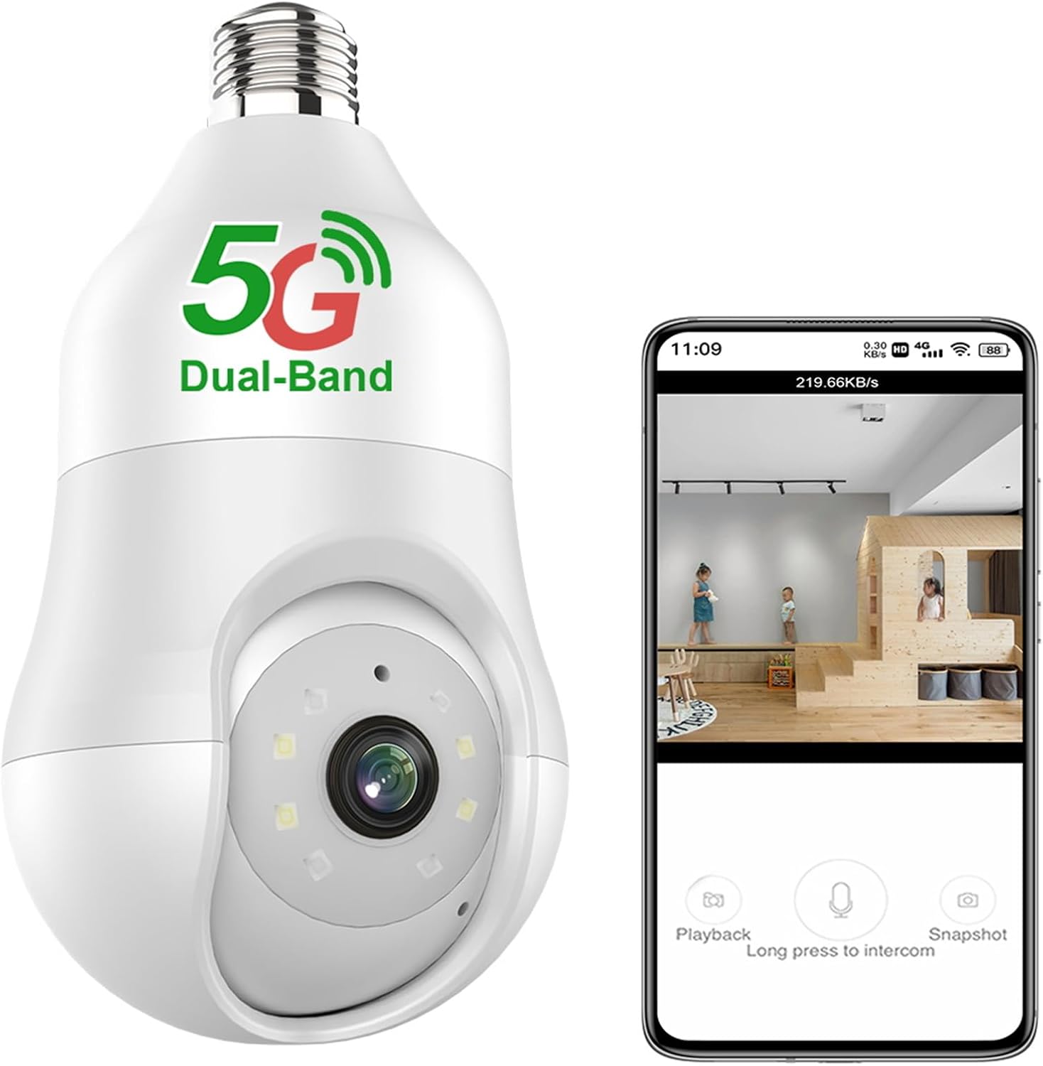 Security Cameras,4MP 5G WiFi E27 Bulb Camera 5X Zoom AI Human Auto ...