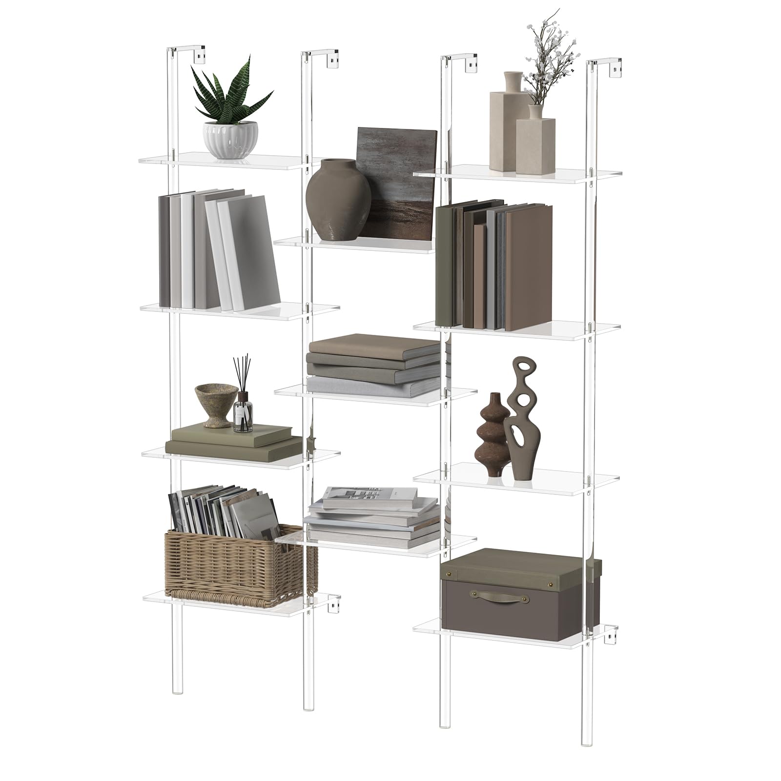 Acrylic Bookshelf, Wall Mounted, 4-Tier Clear Ladder Bookshelf with 11 ...