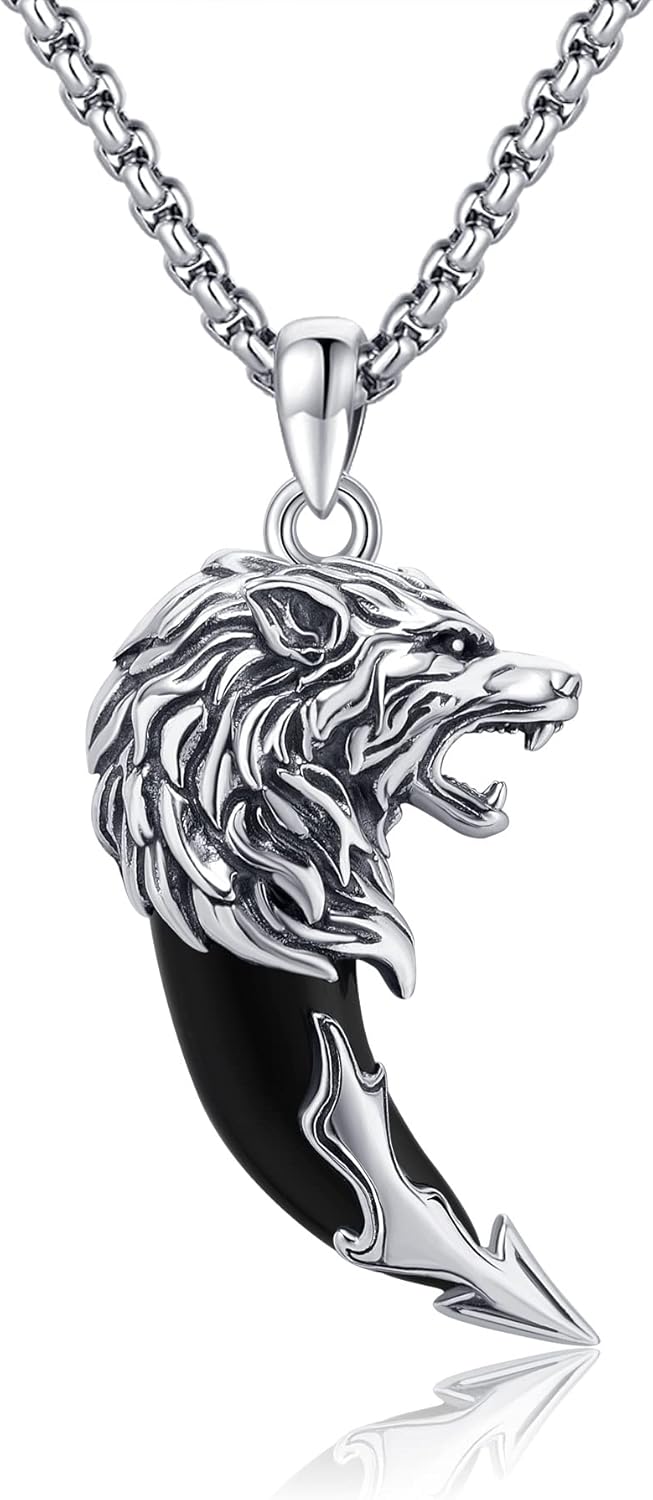 HUKKUN Wolf Necklace for Men Stelring Silver Obsidian Wolf Tooth ...