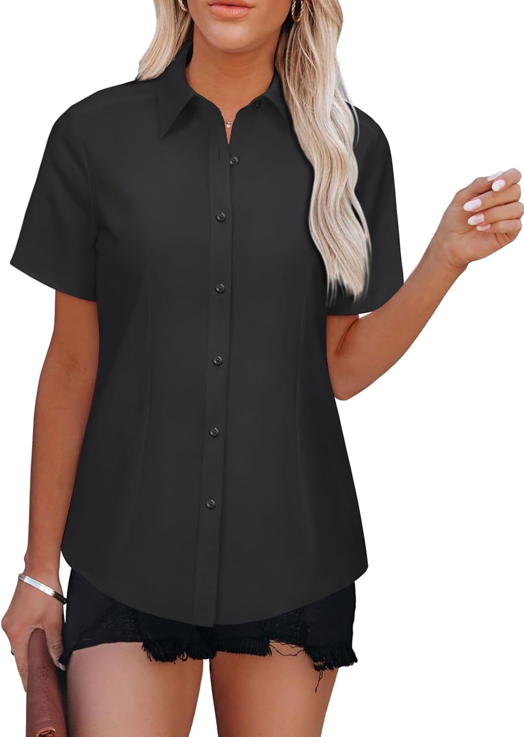 Amazon.com: Womens Button Down Shirts Short Sleeve Fitted Button Up ...
