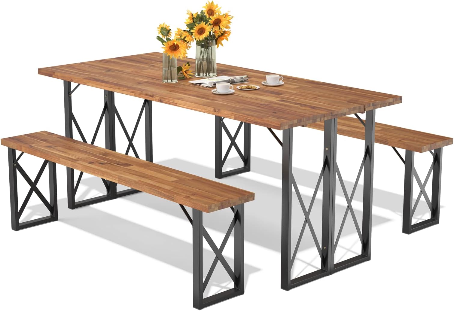 Amazon.com: Giantex Outdoor Picnic Table Set with 2 Benches, Acacia ...