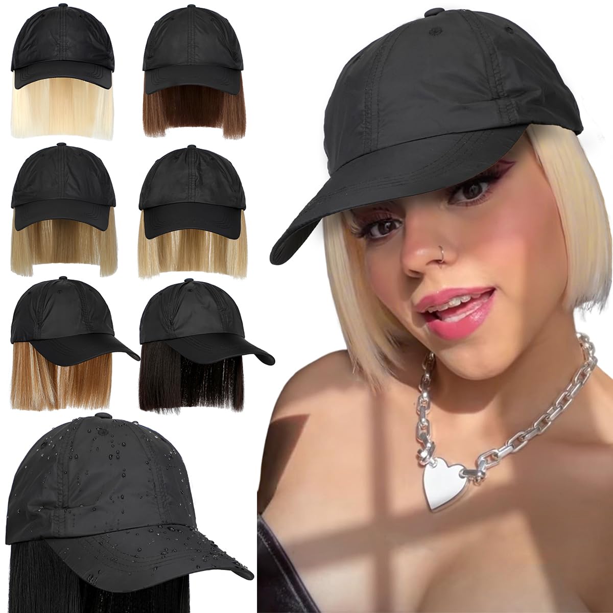 Amazon.com: Qlenkay Waterproof Baseball Cap Attached 5" Straight Hair ...