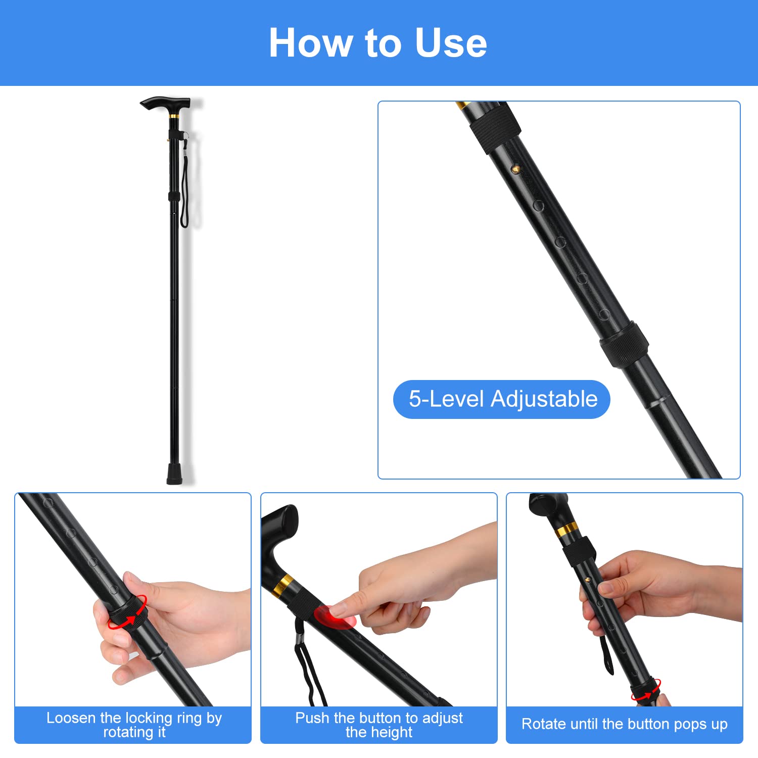 Snapklik.com : Supregear Folding Cane, 5-Level Adjustable Height ...