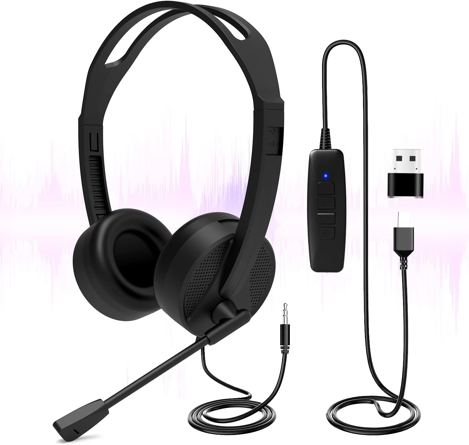 USB Headset with Microphone, 3.5mm/USB Jack 2-In-1 Computer Headset ...