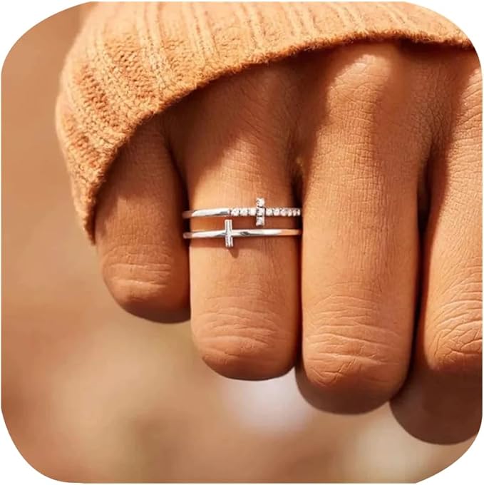 Amazon.com: Double Cross Ring 18k Gold Plated 925 Sterling Silver Cubic Zirconia Simple Plain ...