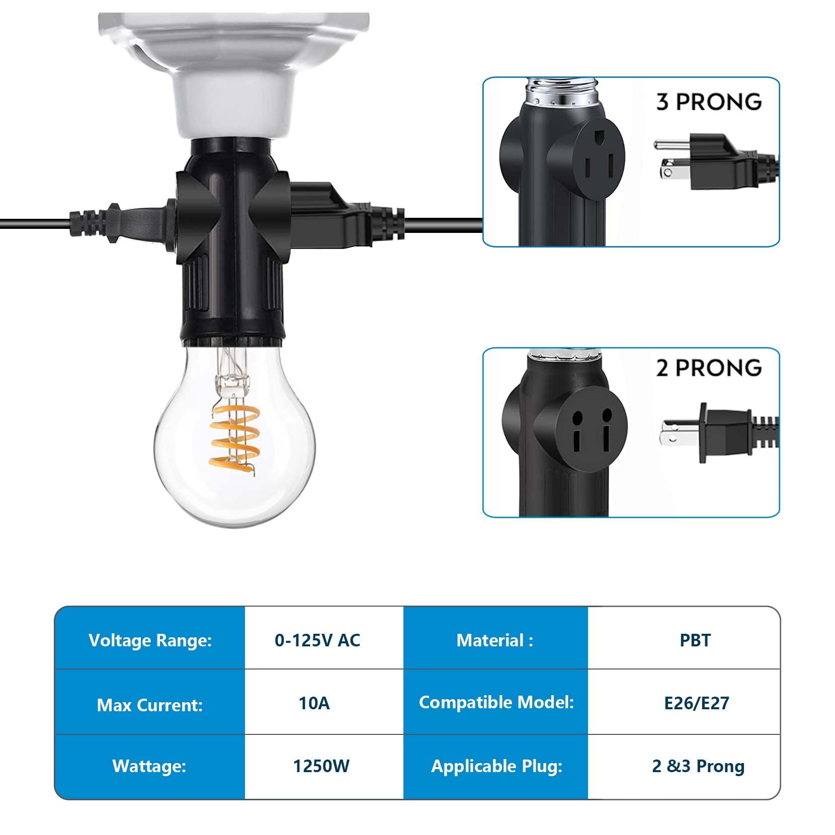 Snapklik.com : 2Pcs 3 Prong Light Socket To Plug Adapter, Polarized ...