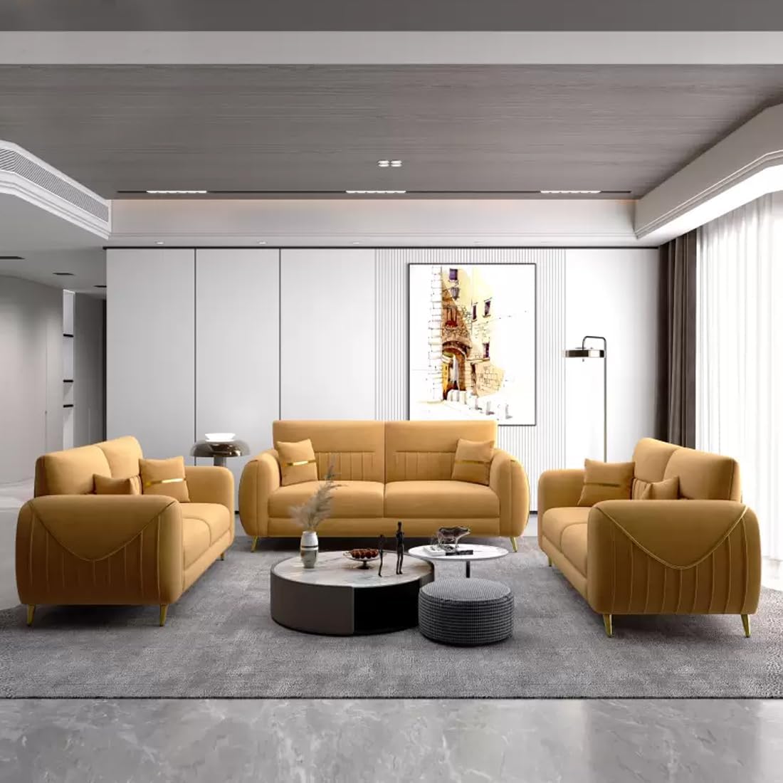 FURNY Auromax 7 Seater Fabric 3+2+2 Sofa Set - (Beige) : Amazon.in ...