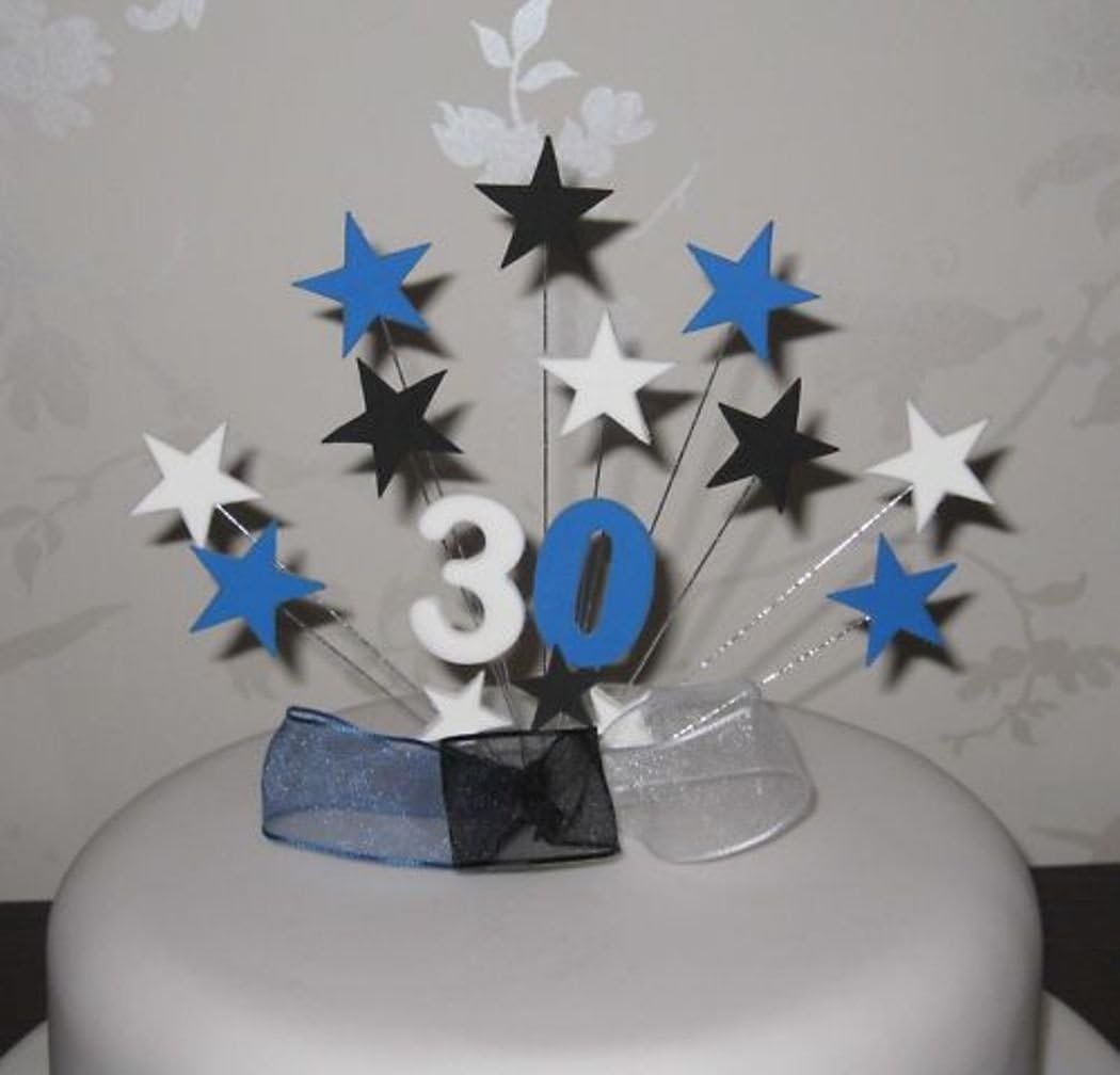 Star Birthday Cake Topper Blue Black & White Any Age : Amazon.co.uk ...