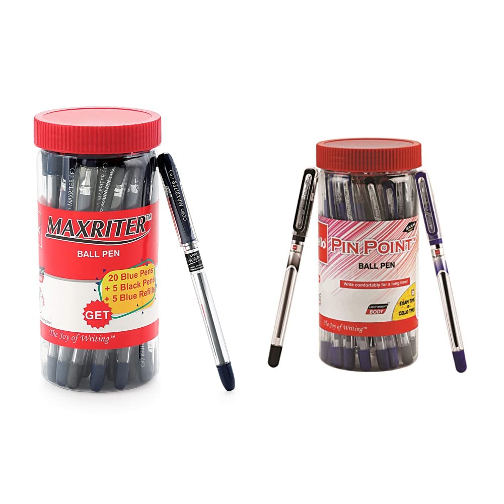 Cello Maxriter Ball Pens (Jar With 20 Blue Pens + 5 Black Pens + 5 Blue ...