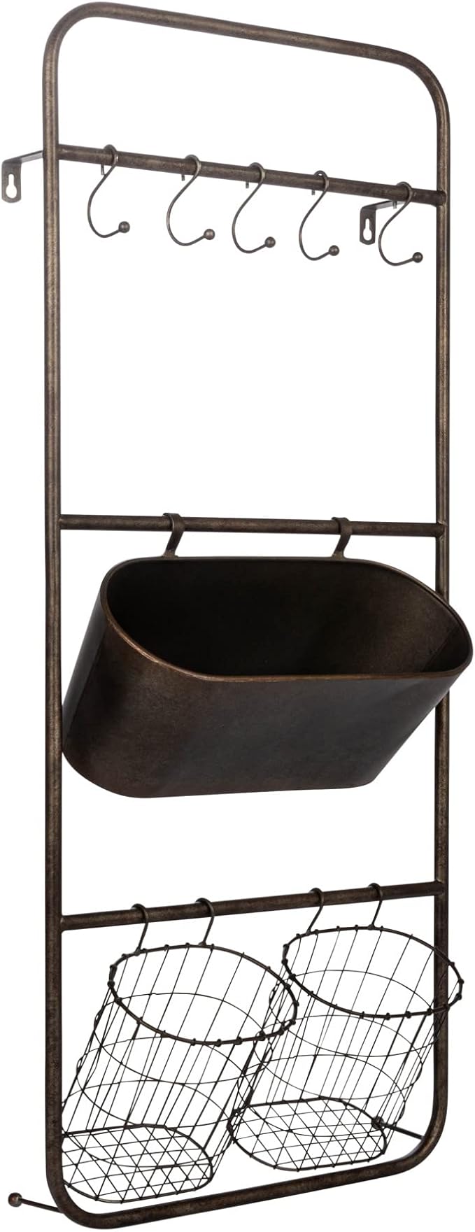 Amazon.com: Creative Co-Op Metal Wall Rack with 5 Hooks & 3 Baskets ...