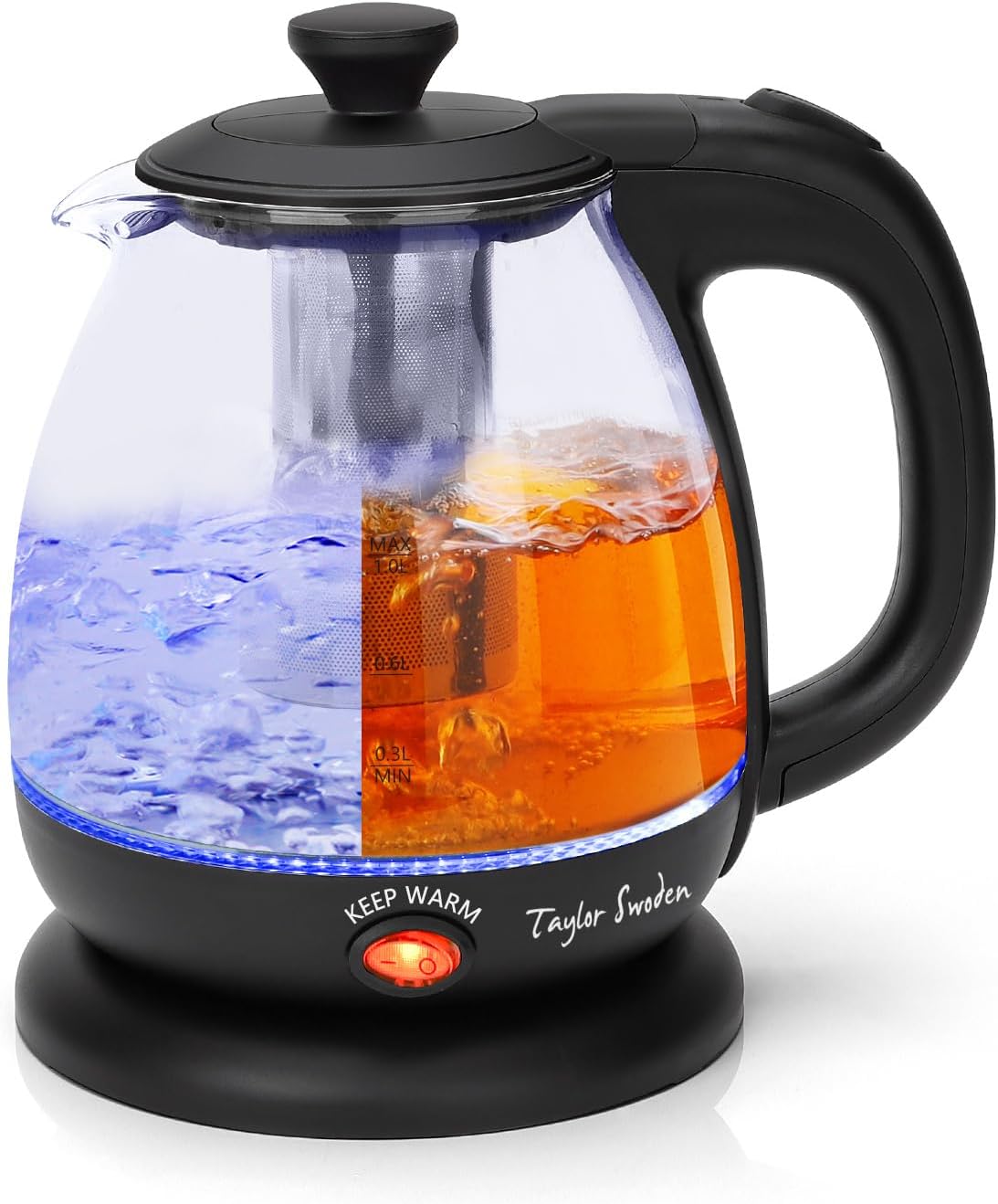 Taylor Swoden Kettle Small 1 Litre Glass LED Kettle, 2200 W Electric ...
