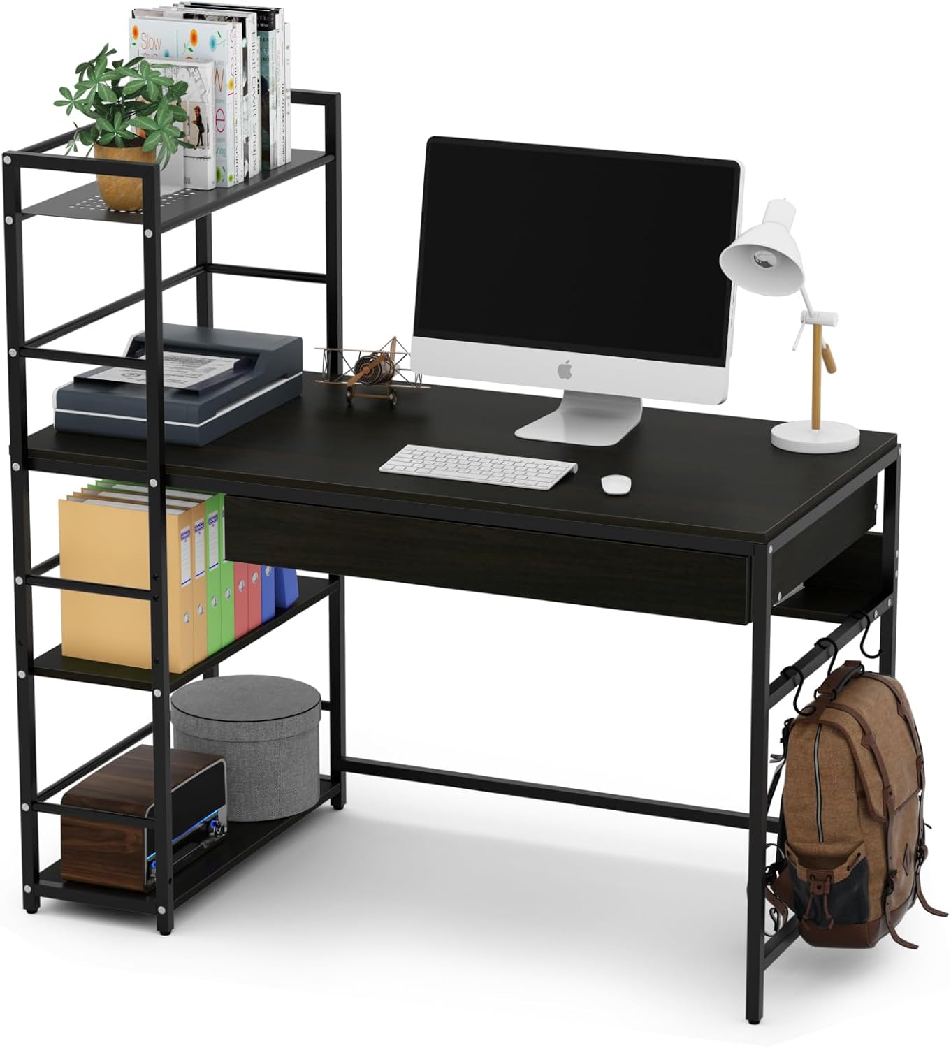 Amazon | DEWEL パソコンデスク pcデスク 幅120×奥行60cm デスク 引き出し付き 収納ラック付き 左右入替え 中棚板高さ調整可 勉強机 シェルフデスク ワークデスク ...
