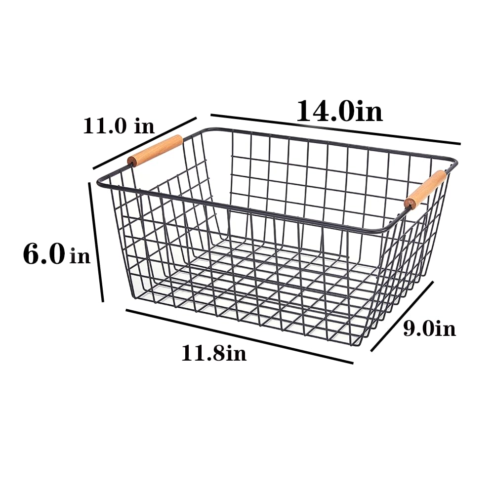 LeleCAT Large black wire baskets with Wooden Handles for storage pantry ...