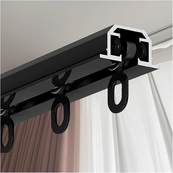 Black Ceiling-Mounted Curtain Track System 8-33ft, Concealed Single ...