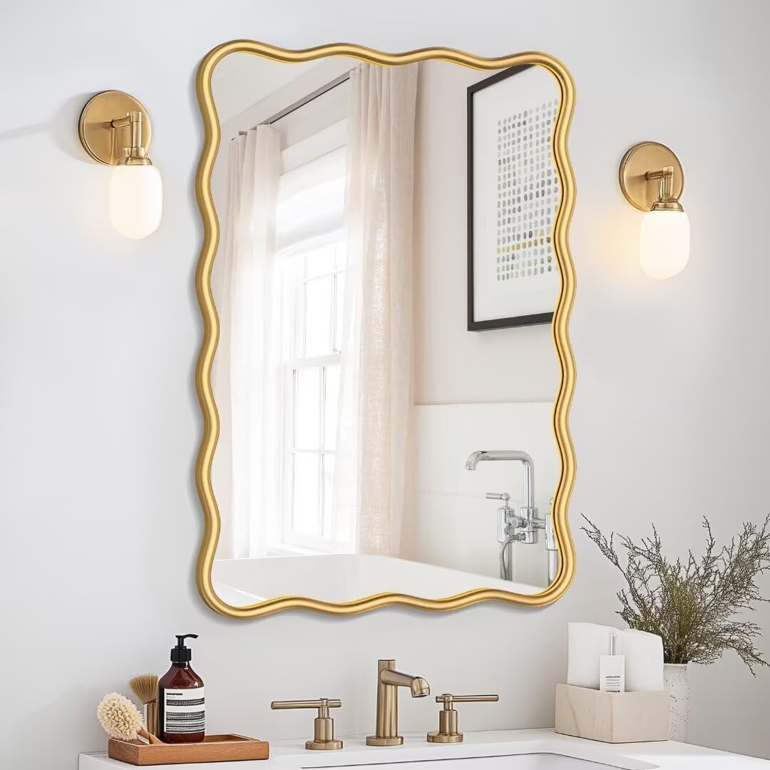 Amazon.com: FUWU HOME Gold Wavy Bathroom Mirror 20" x 30" Rectangle ...