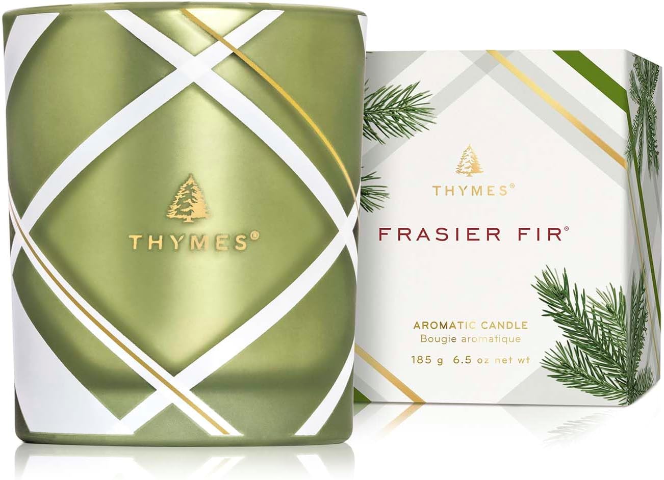 Amazon.com: Thymes Frasier Fir Candle – Frosted Plaid Jar Candles – Green & White Candle Jar ...