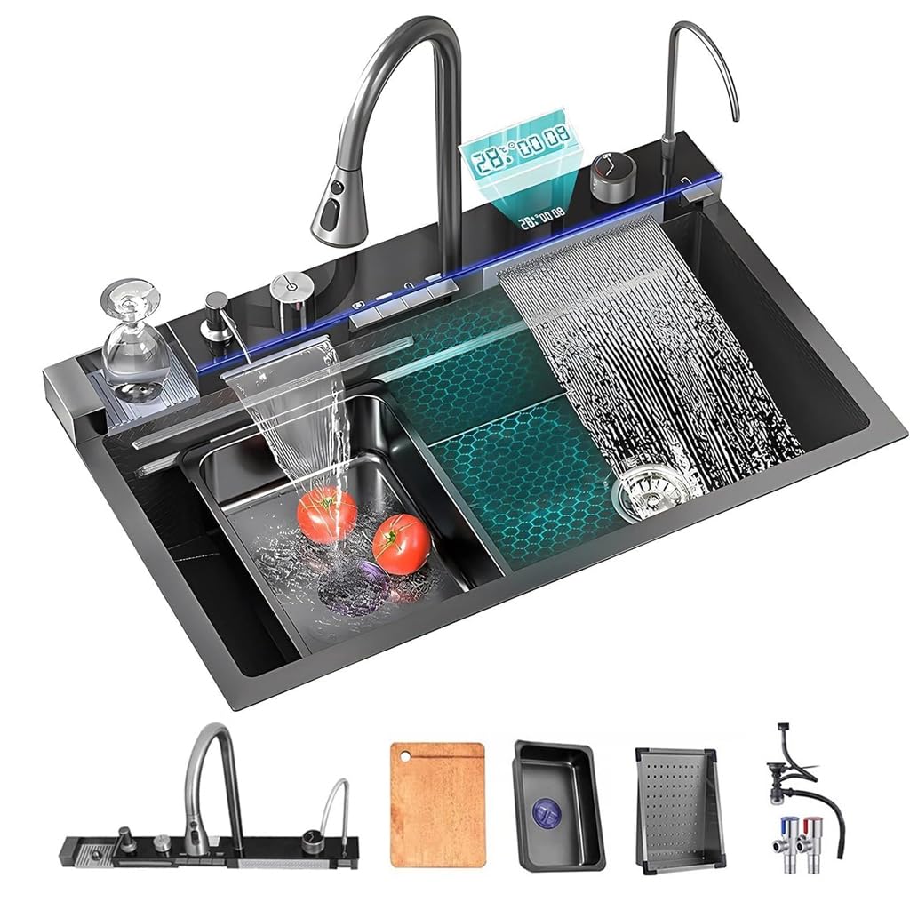 ARTLINE Digital Display Waterfall Kitchen Sink, Drop in Black Single ...