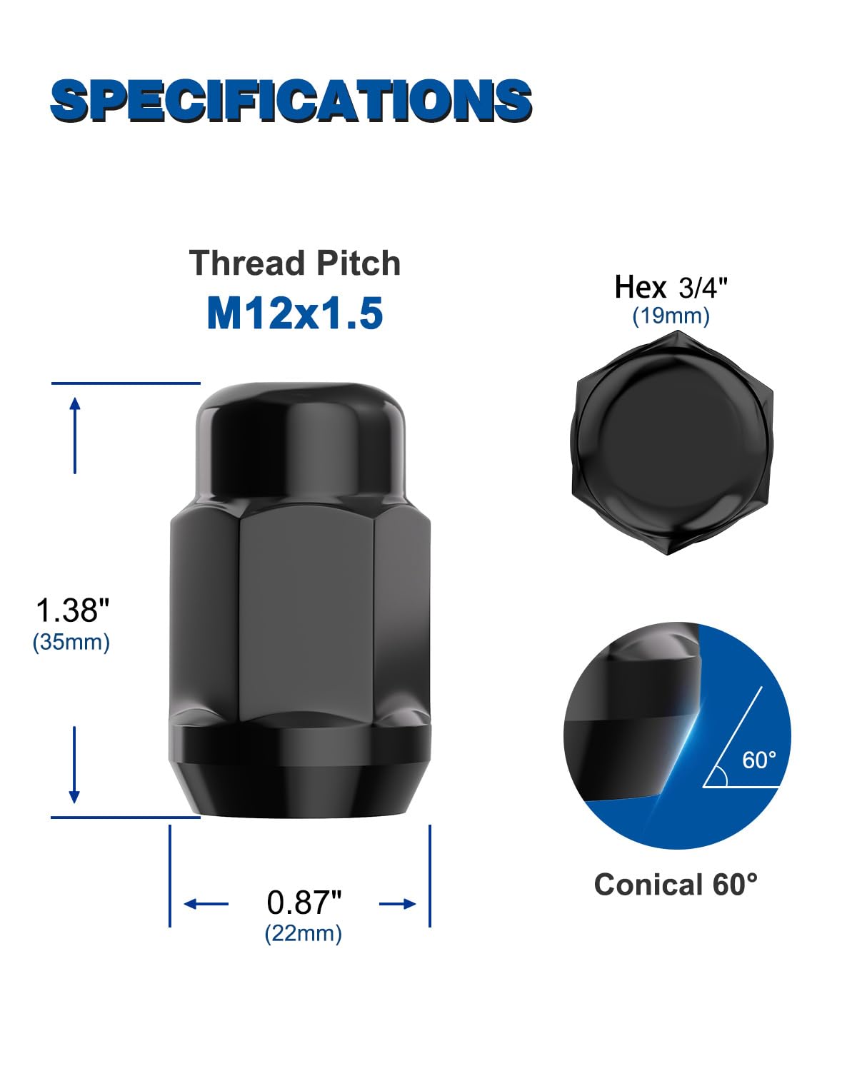 Snapklik.com : Black 12x15 Lug Nuts 20pcs, M12x15 Closed End Bulge ...
