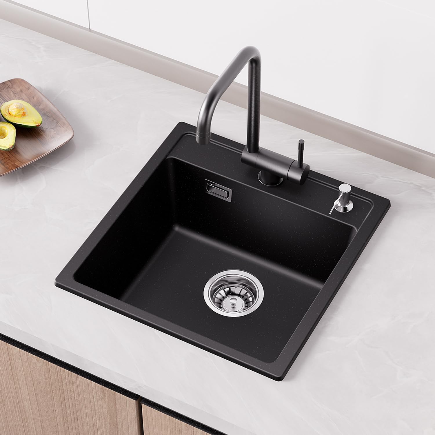 CECIPA Sink, black, 50 x 45 cm, granite kitchen sink, 1 basin built-in ...