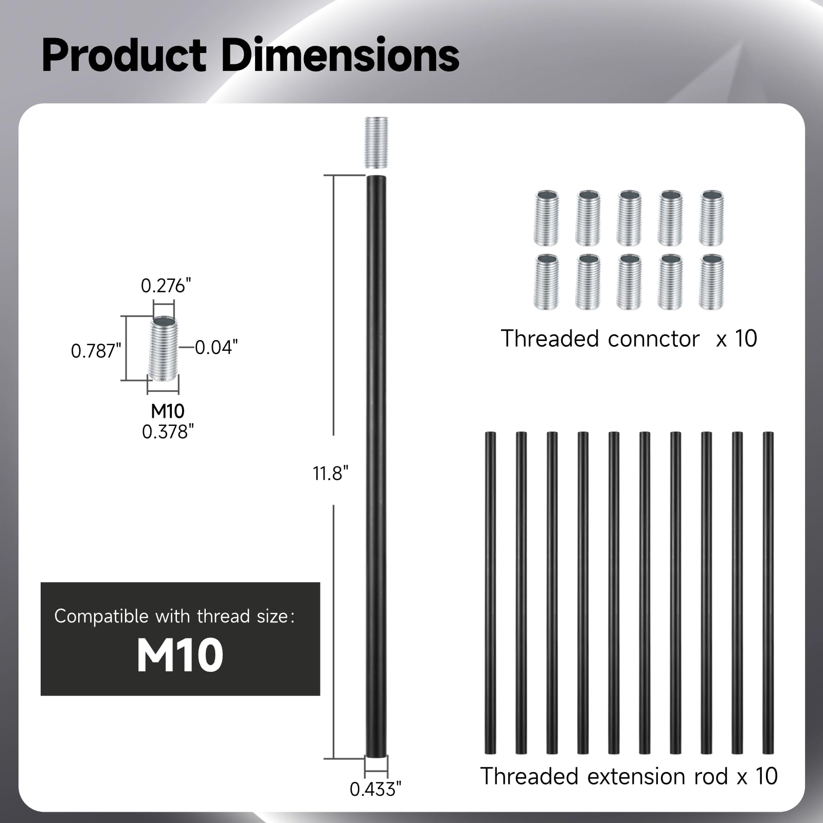 Snapklik.com : Lnrueg Matte Black M10 Threaded Extension Rod, 10 PCS 12 ...