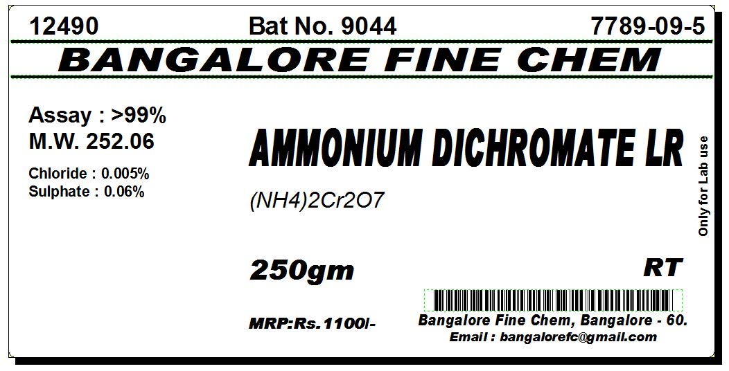 BFC AMMONIUM DICHROMATE LR - 250gm. ((NH4)2Cr2O7) CAS No. 7789-09-5 ...