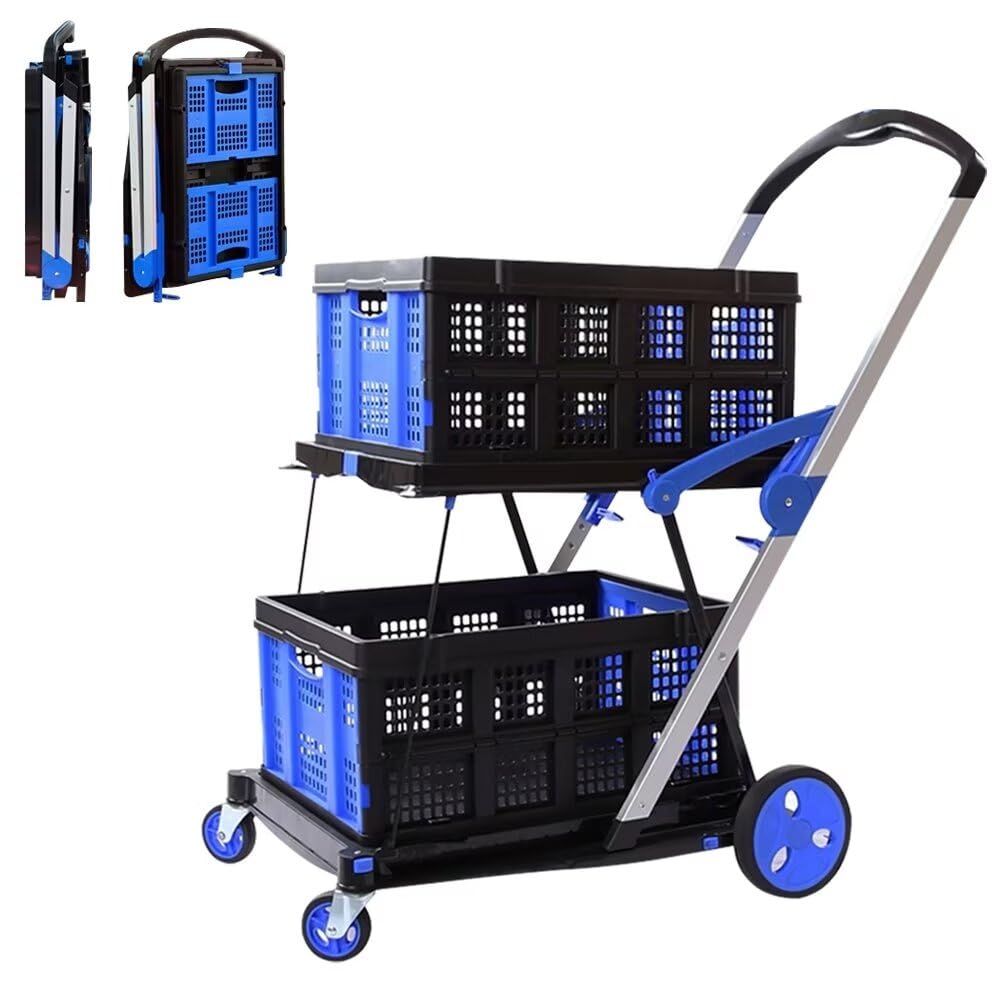 Amazon.co.jp: AKEMI LIVING 台車 ショッピングカート 業務用 折りたたみ キャリーカート 2段 収納カート 耐荷重90kg コンテナ付 コンテナカート 多用途運搬車 ...