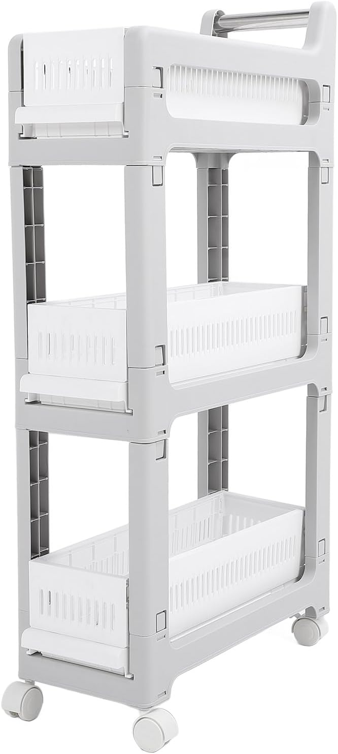 Slim Rolling Storage Cart, Pull Out Basket Organizer Shelf with Wheels ...