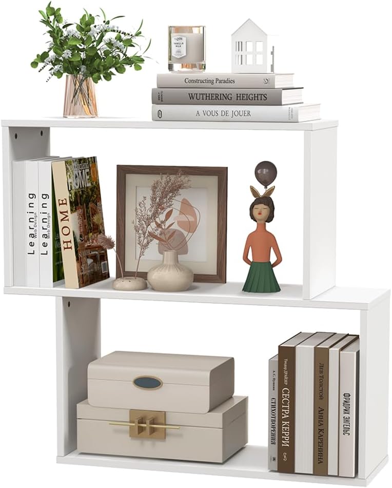 COSTWAY Wooden Bookshelf, 2-Tier Freestanding Storage Bookcase with 2 ...