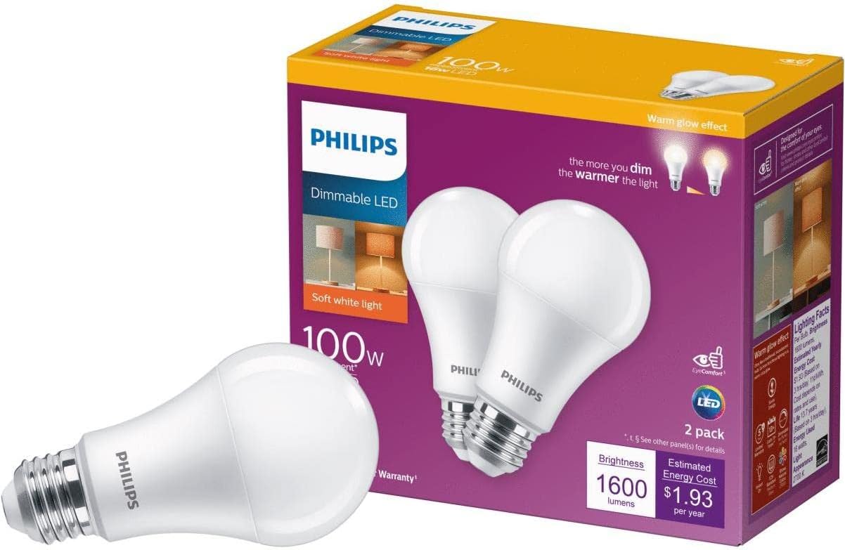 Philips LED Flicker-Free A19 Light Bulb, Dimmable Warm Glow Effect ...