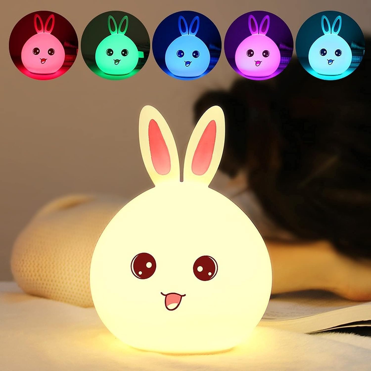 DIWUJI Cute Big Face Rabbit Silicone Beside Night Light For Kids, Color ...