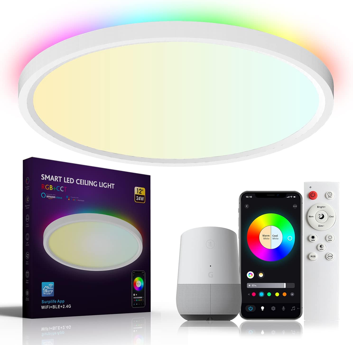 Flush Mount Smart LED Ceiling Light,WiFi & Bluetooth &2.4G Remote ...