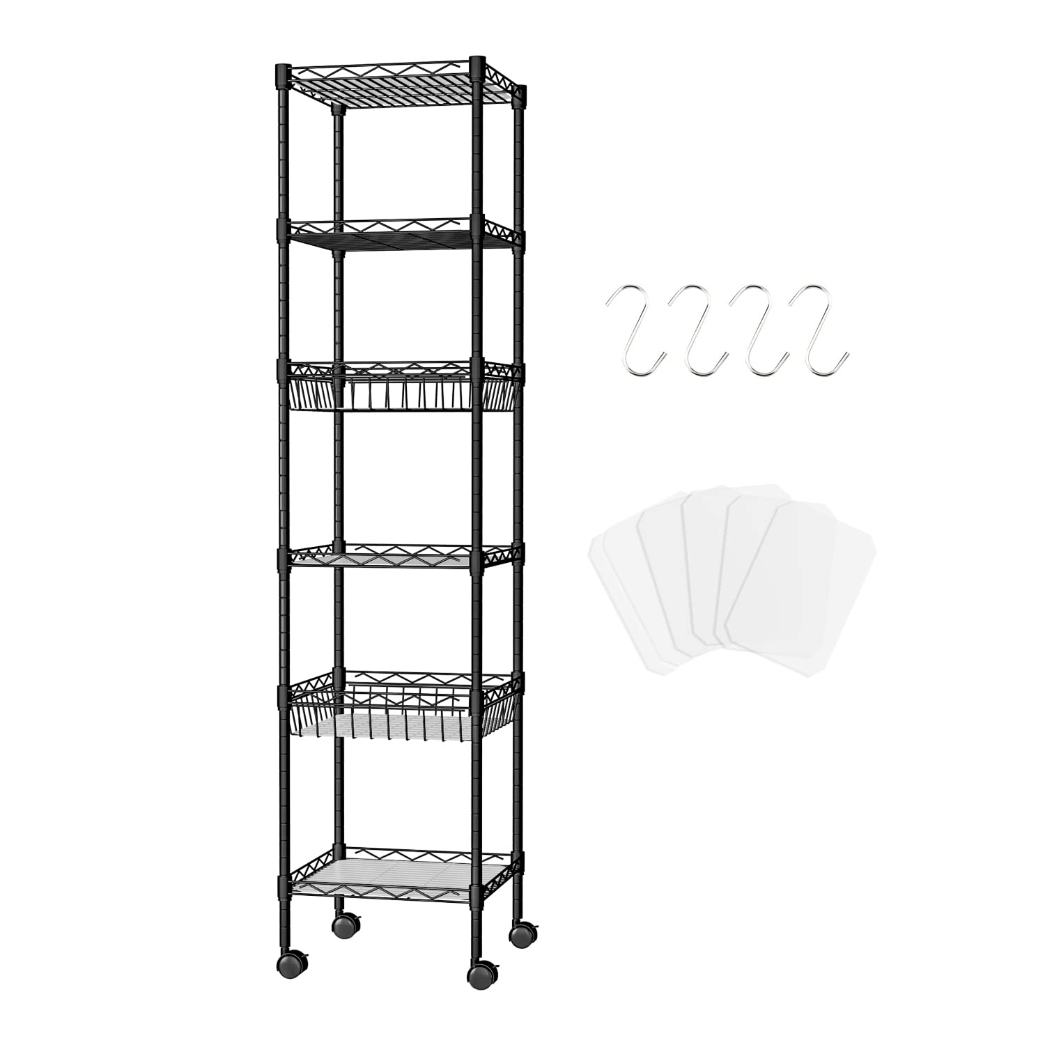 6 Tier Shelving Unit with 4 Shelves 2 Basket Wire Shelving Unit Metal ...