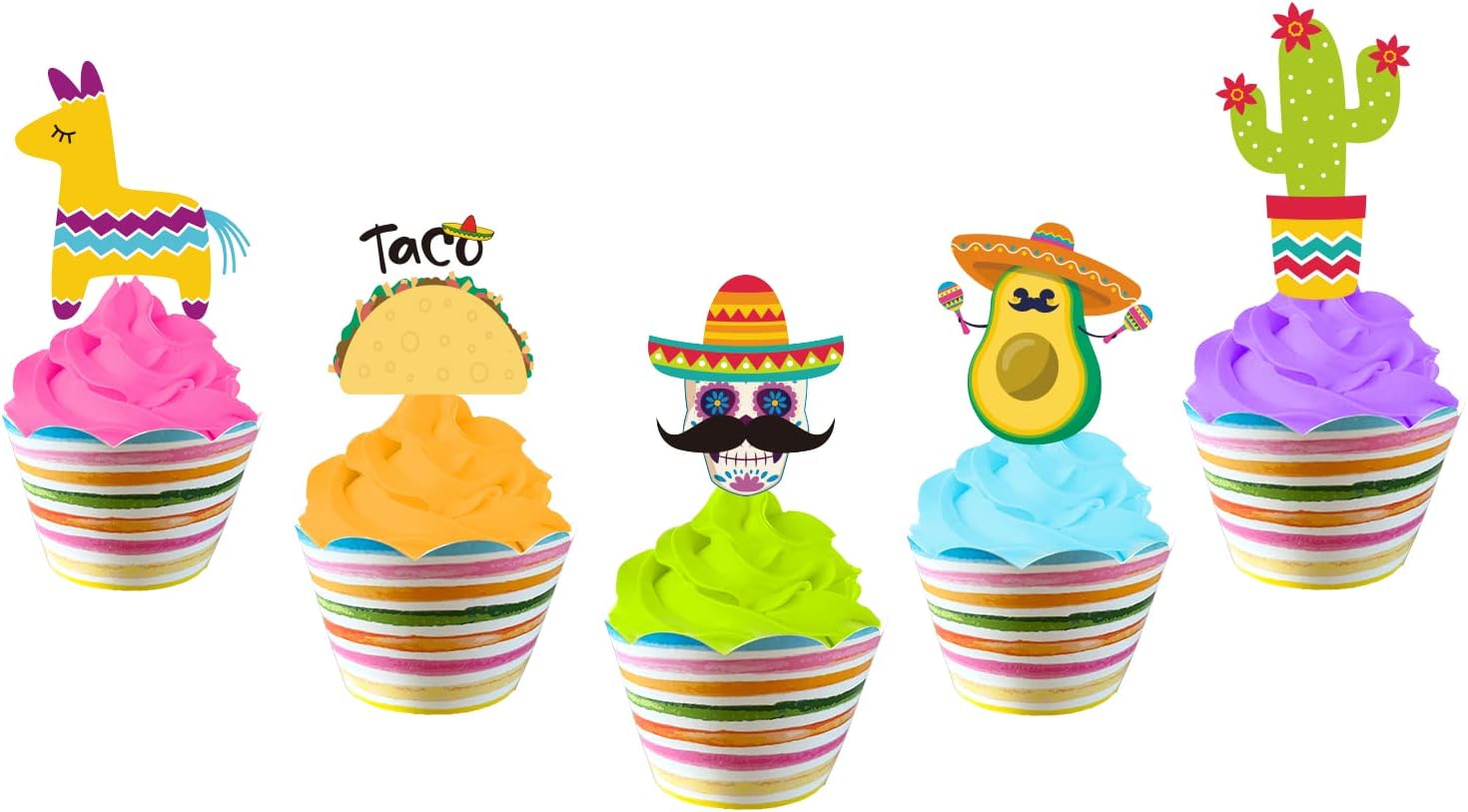 Amazon.com: Fiesta Cupcake Toppers and Wrappers 40 Pcs Taco Cactus ...