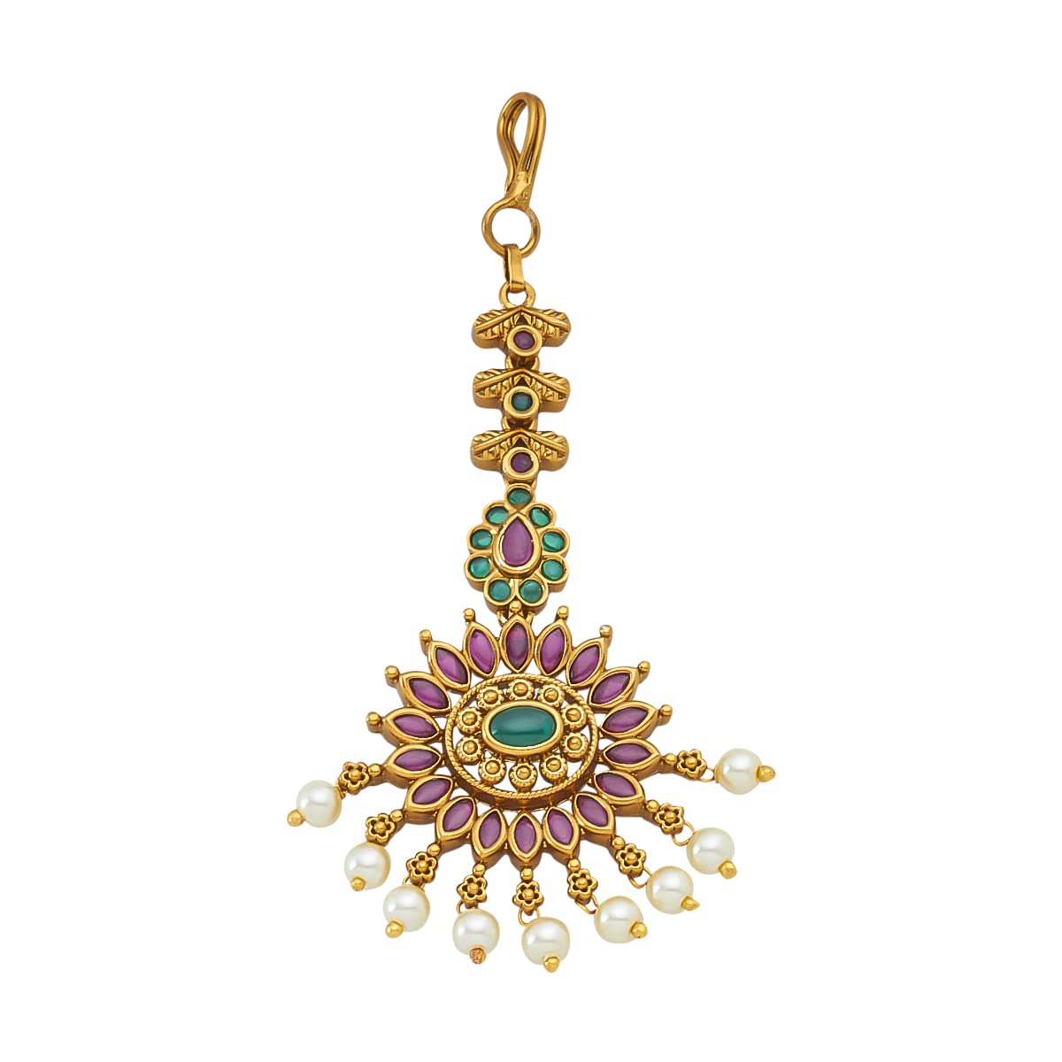 Buy Kushal's Fashion Jewellery Ruby & Green Antique Maang Tikka With ...