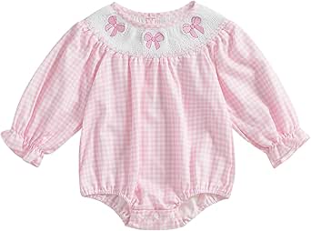 Amazon.com: Lamuusaa Newborn Baby Girl Clothes Long Sleeve Smocked Romper Bow Embroidery Plaid ...